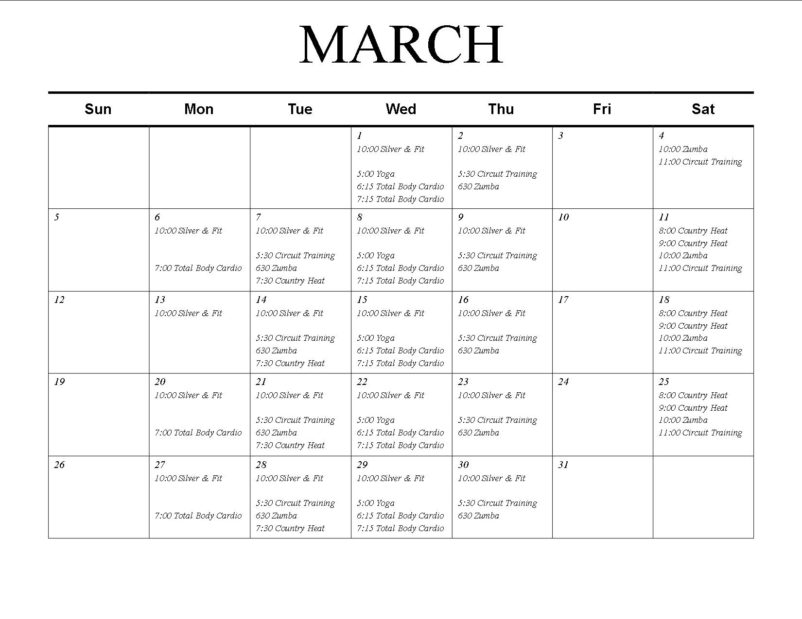 March 2017 Class Schedules – Kaiser Wellness Center